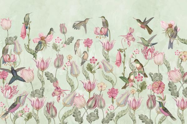Tulips & Birds, Mint wallpaper mural 100% PVC-free and non-toxic