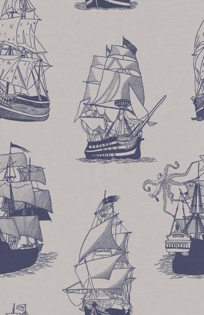 Pirate Ships Navy on Cream wallpaper 100% PVC-free and non-toxic