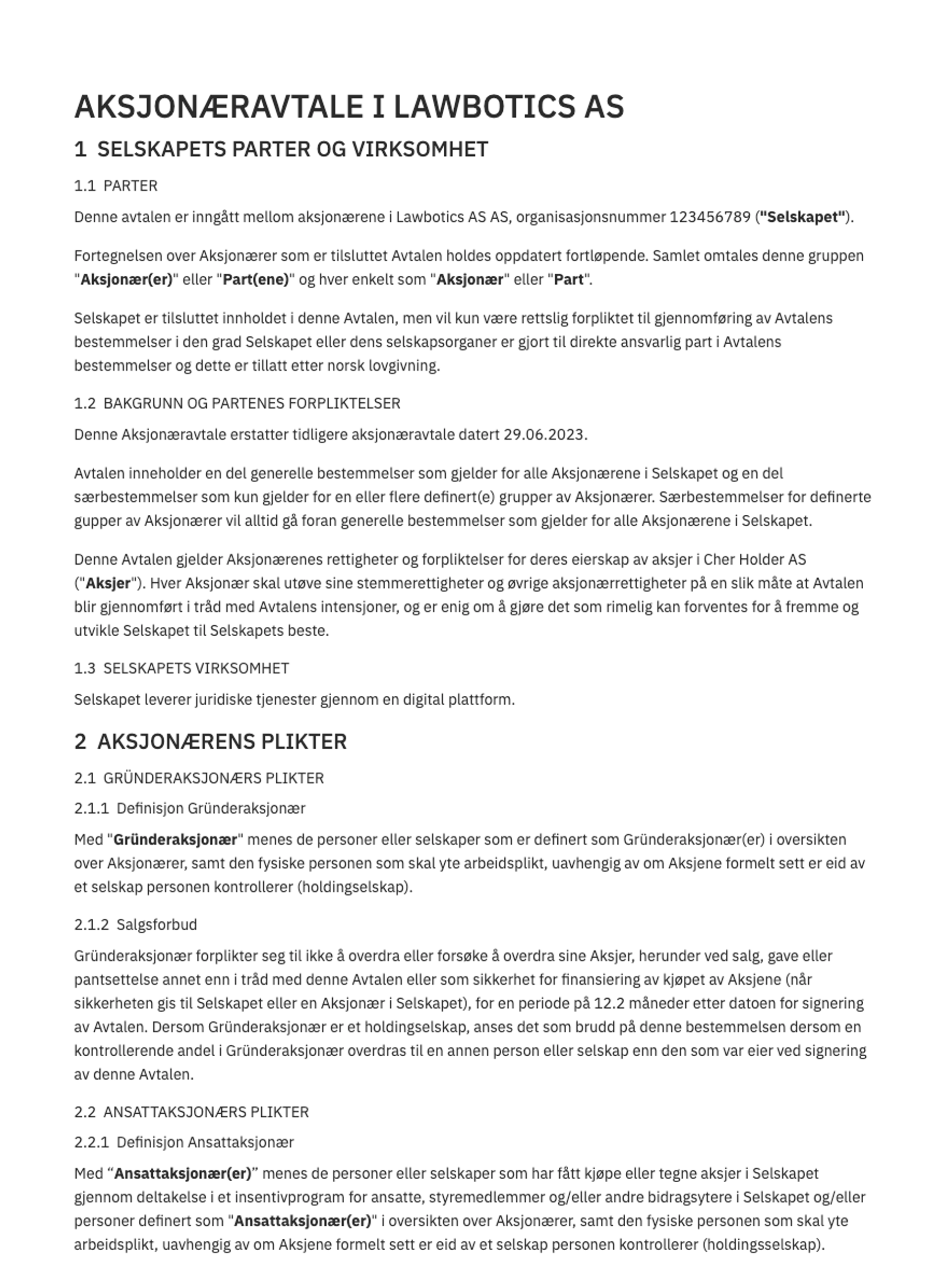 Gratis mal for Aksjonæravtale | Signer digitalt | Lexolve