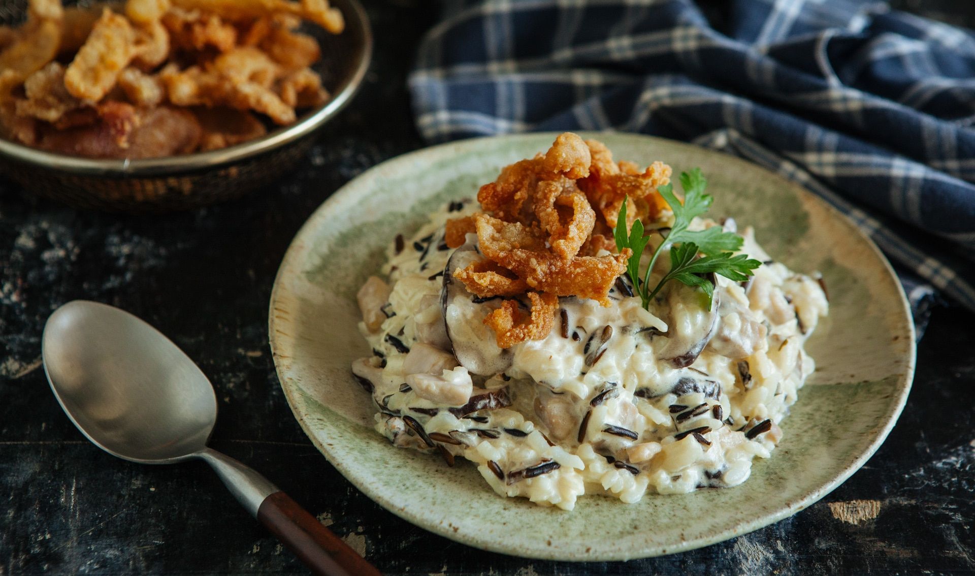 Creamy Mushroom Rice with Crispy Chicken Skin Recipe | Pepper.ph