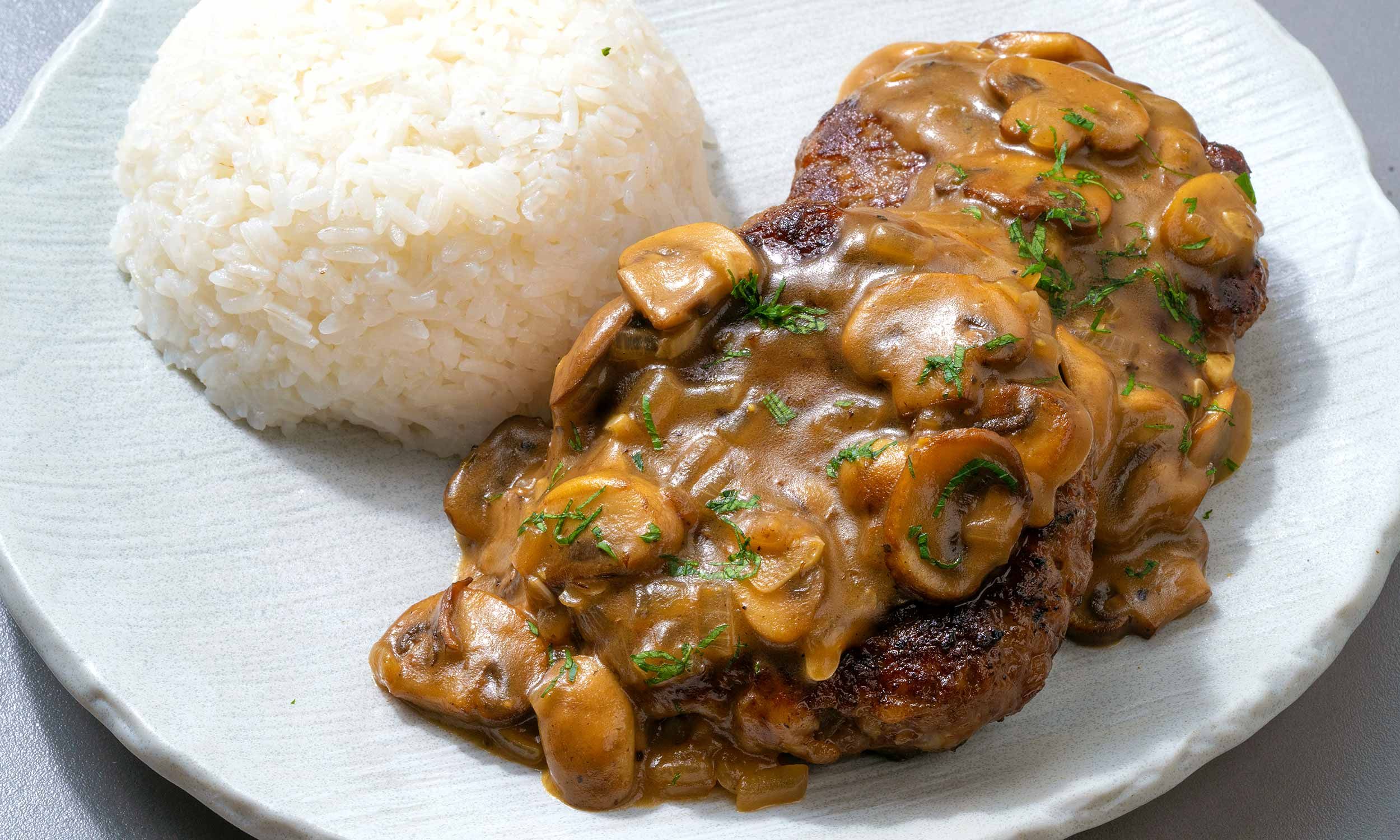 Beef-Longganisa Burger Steaks with Mushroom Gravy Recipe | Pepper.ph
