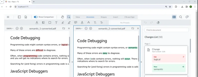 Unlocking Semantic Text Comparison Apryse Webviewer And React