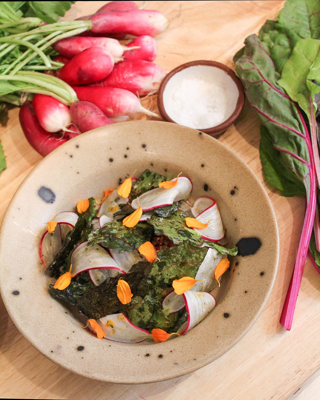 ROASTED YOUNG CHARD LEAVES & GRILLED STEM RELISH WITH YELLOW-EDGE GROUPER