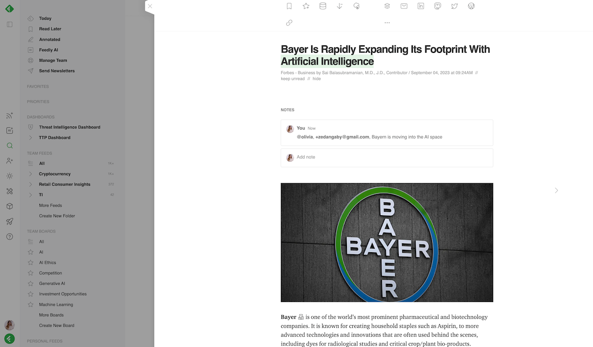 Share insights with your team | Feedly