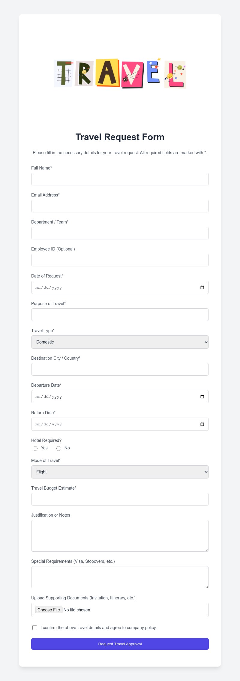 Travel Request Form Template | FormBold
