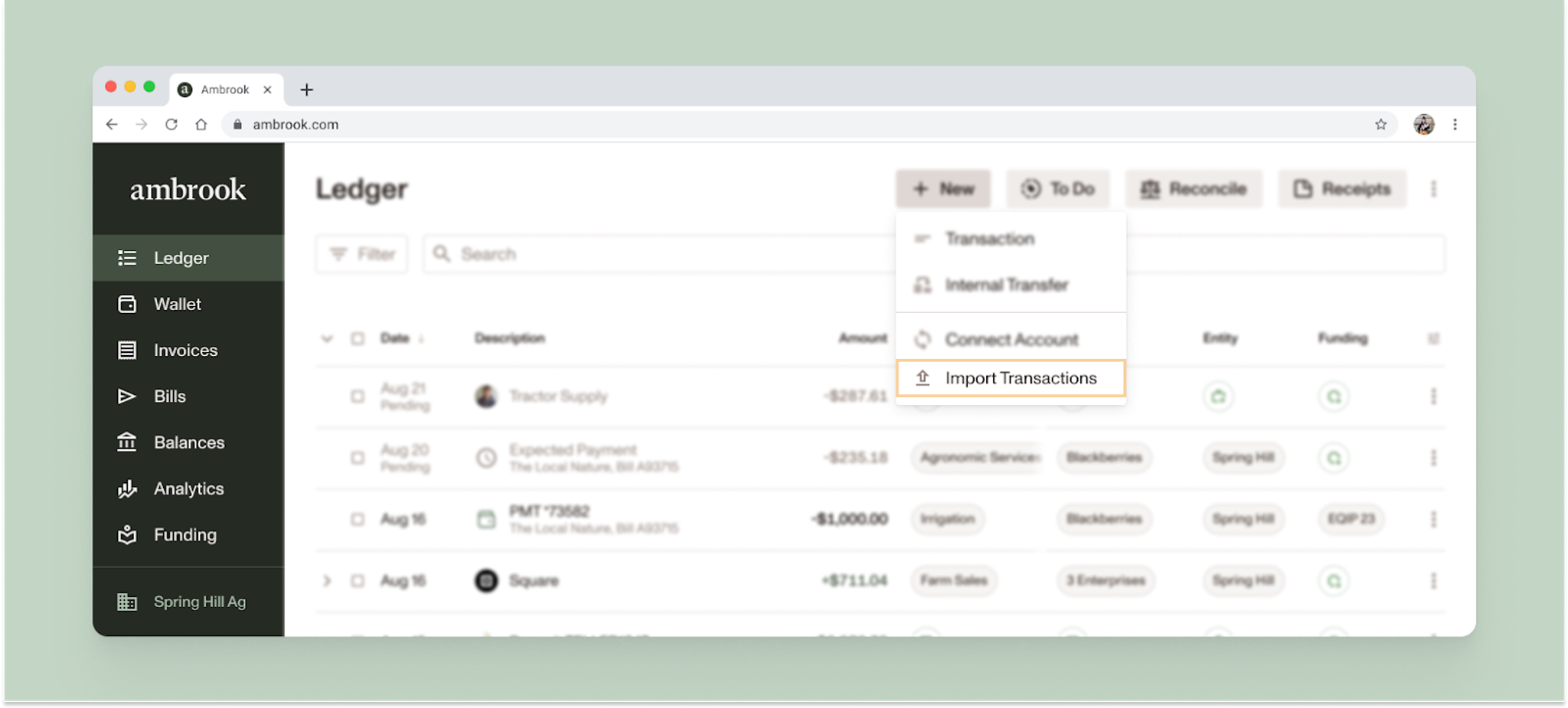 Sorting for invoices and bills and missing transaction import - Ambrook