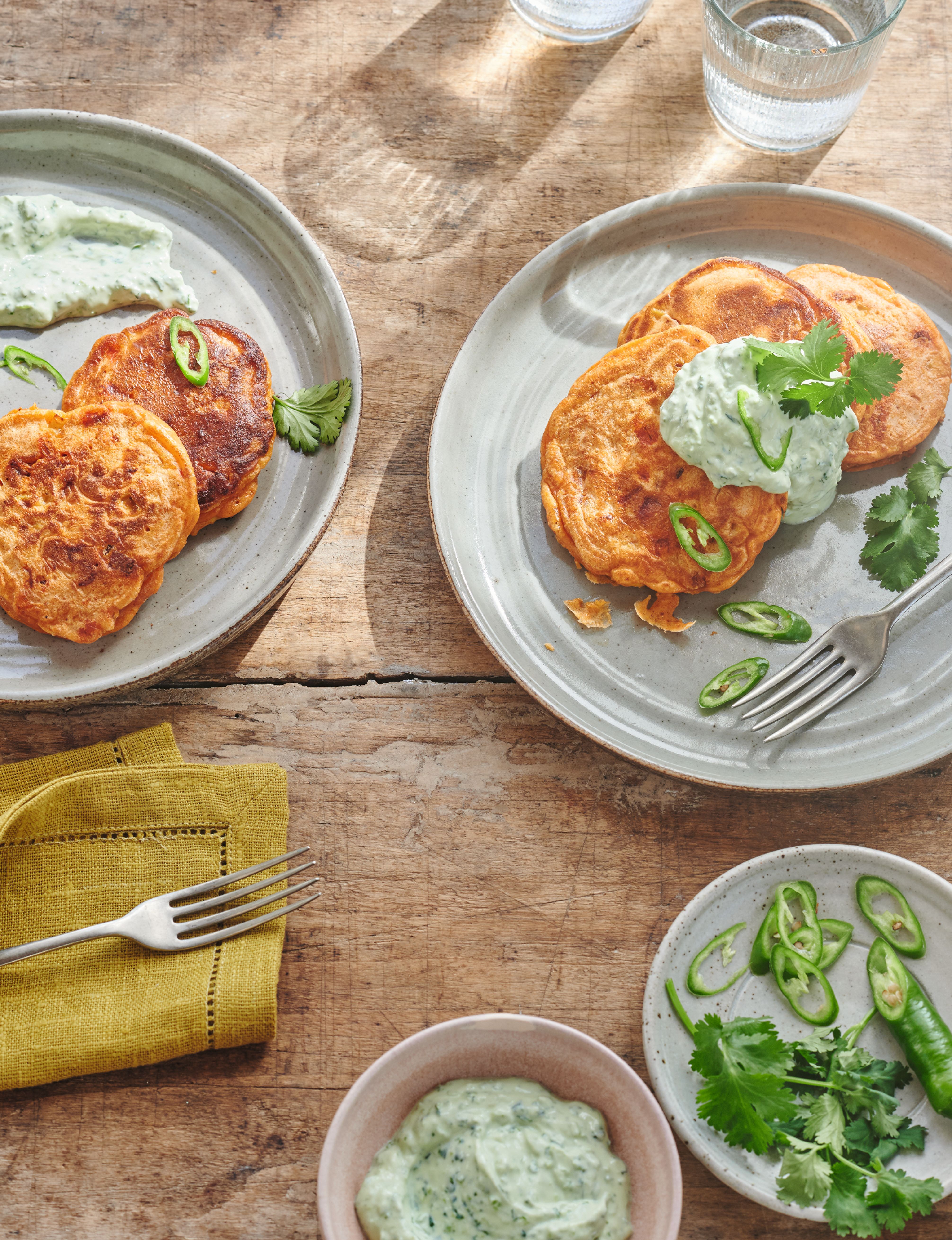 Chorizo and Sweetcorn Pancakes with Coriander Yoghurt | Marcus Wareing ...