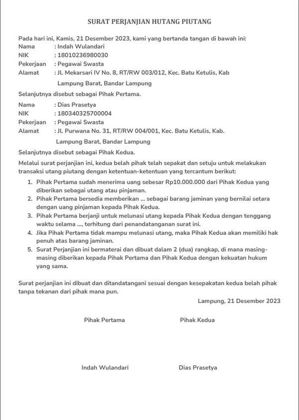 Cara Membuat Surat Perjanjian Utang Piutang dan Contohnya