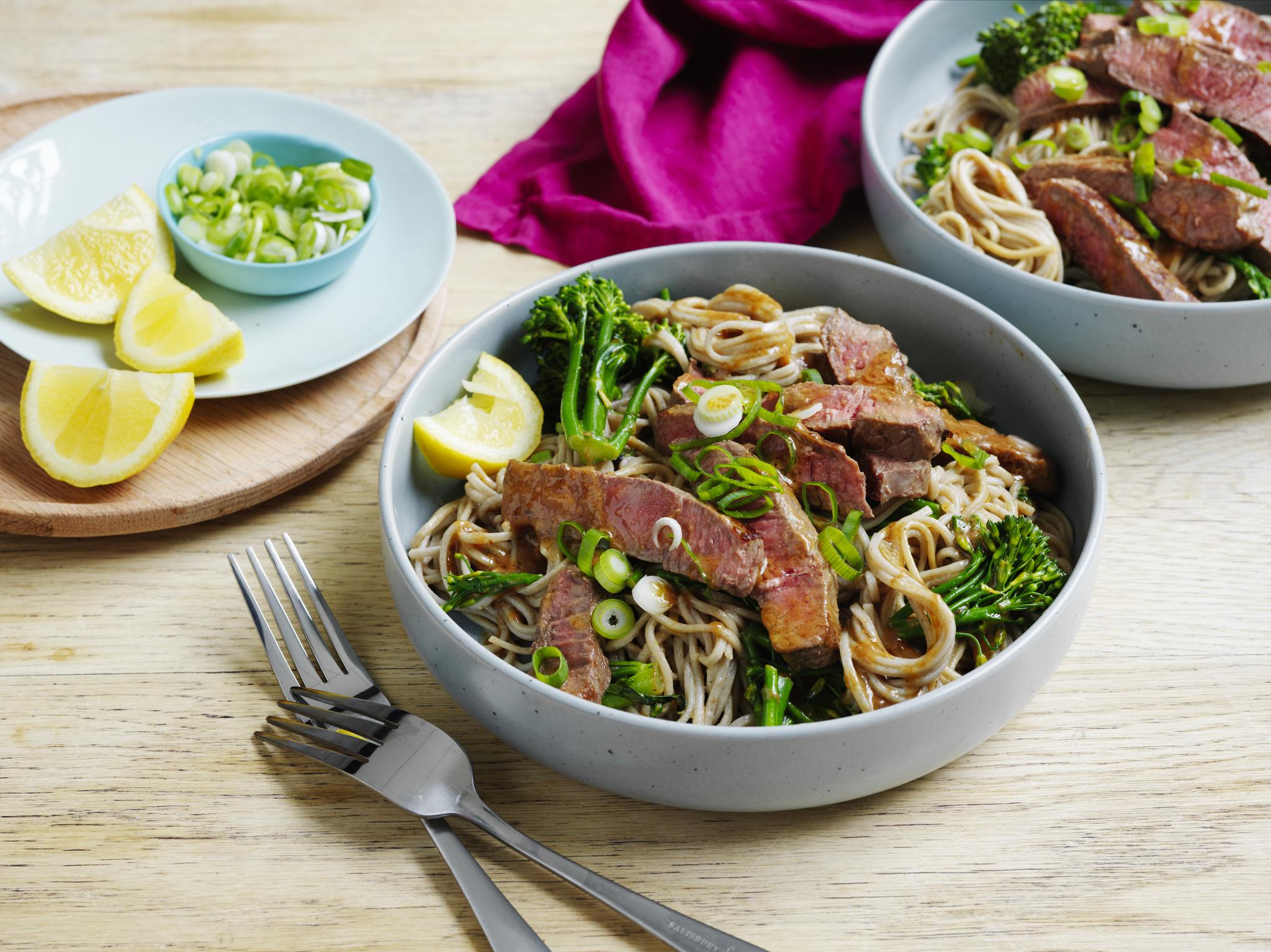 Miso Butter Beef with Warm Soba Noodles and Broccolini