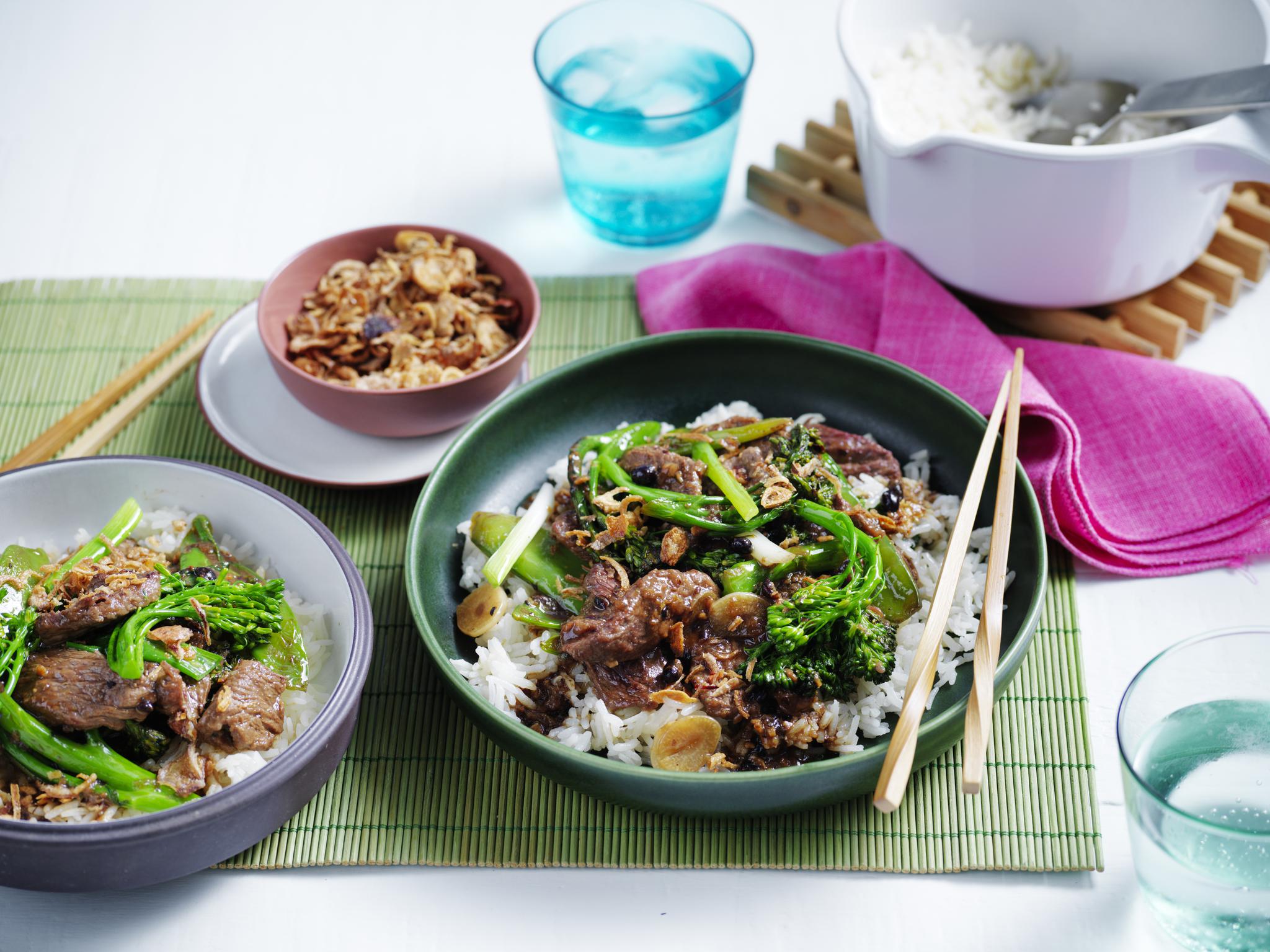 Kangaroo and Black Bean Stir-Fry with Ginger Rice