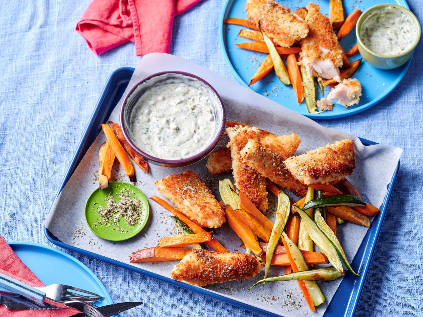 Lemon Myrtle Fish Fingers with Veggie Chips and Lime Tartare