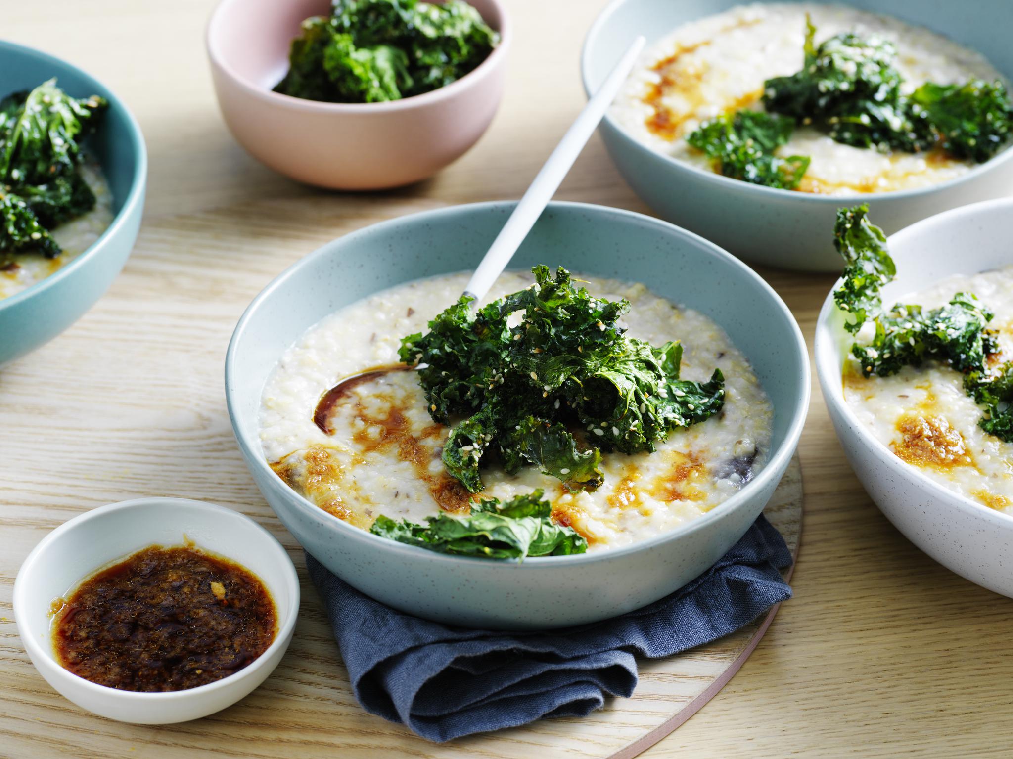 Brown Rice Congee with Shiitake and Roasted Sesame Kale