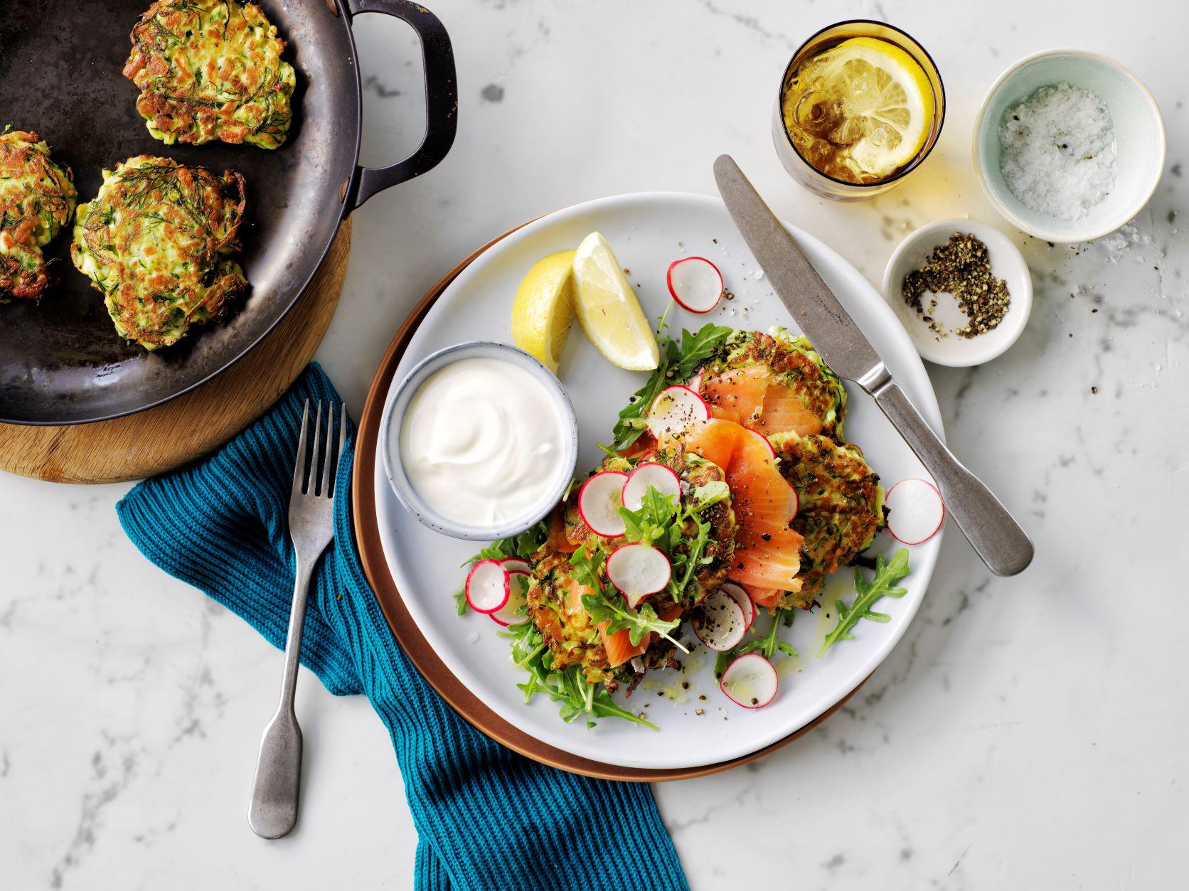 Zucchini and Halloumi Fritters with Smoked Salmon and Garlic Yoghurt