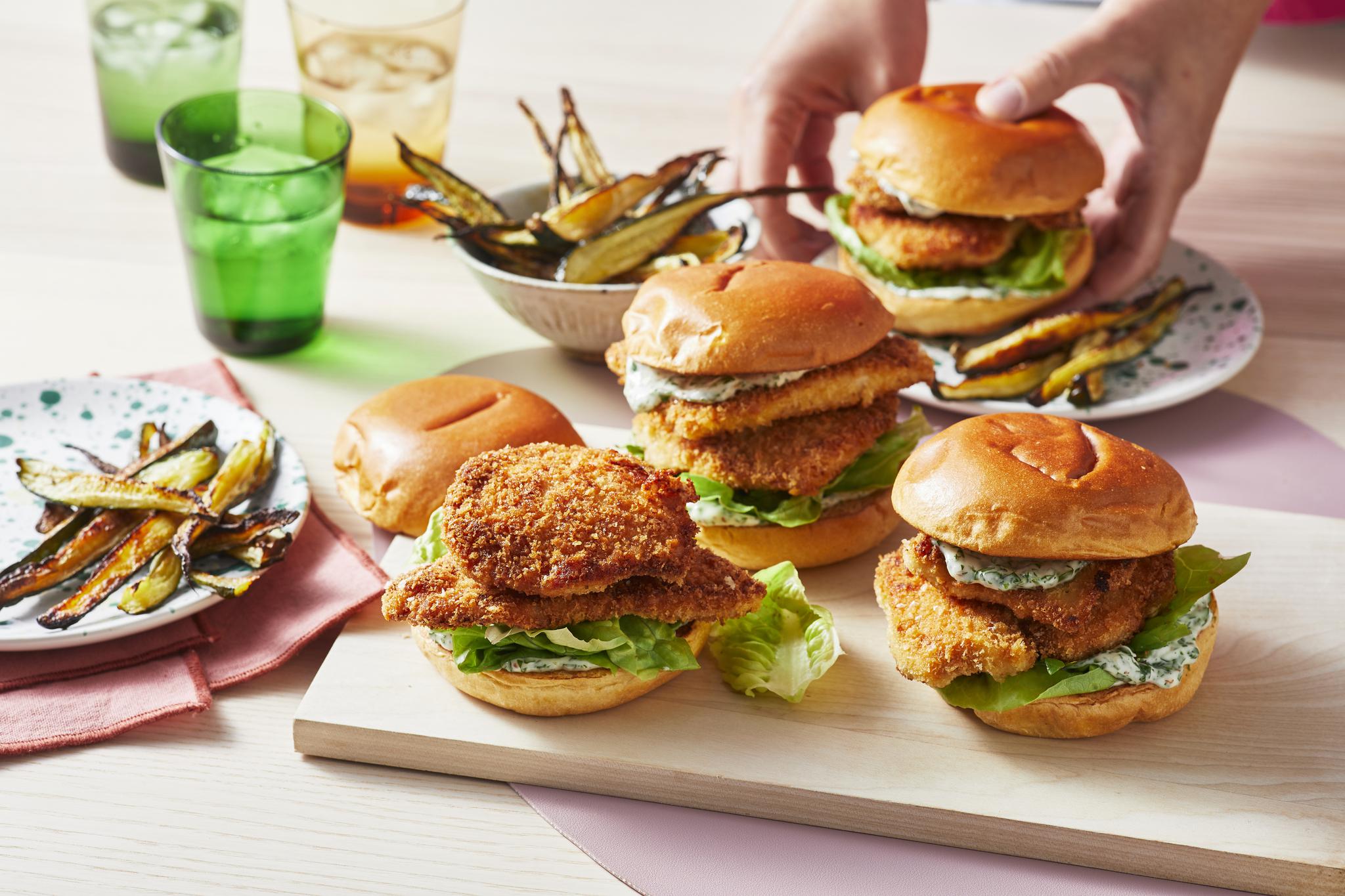 Parmesan-Crumbed Chicken Burgers with Zucchini Chips