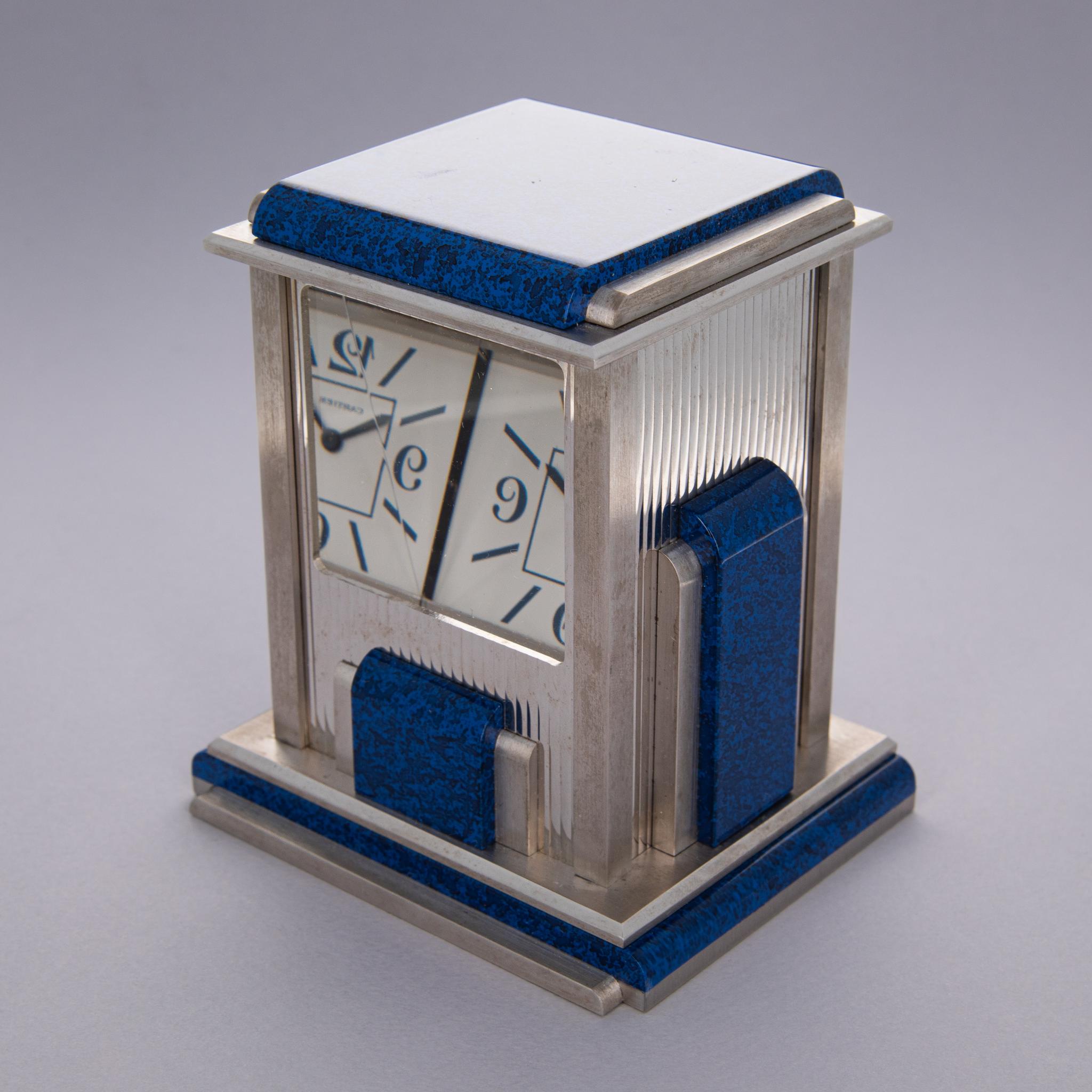 Cartier Prism Clock Silver Plate Simulated Lapis Lazuli Quartz Movement ...