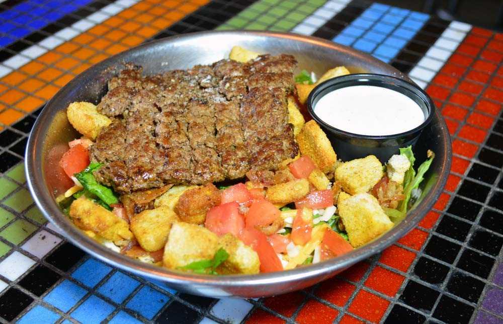 Chopped Iceberg, Crumbled Ground Beef, Chopped Tomatoes, Bacon, Cheddar ...