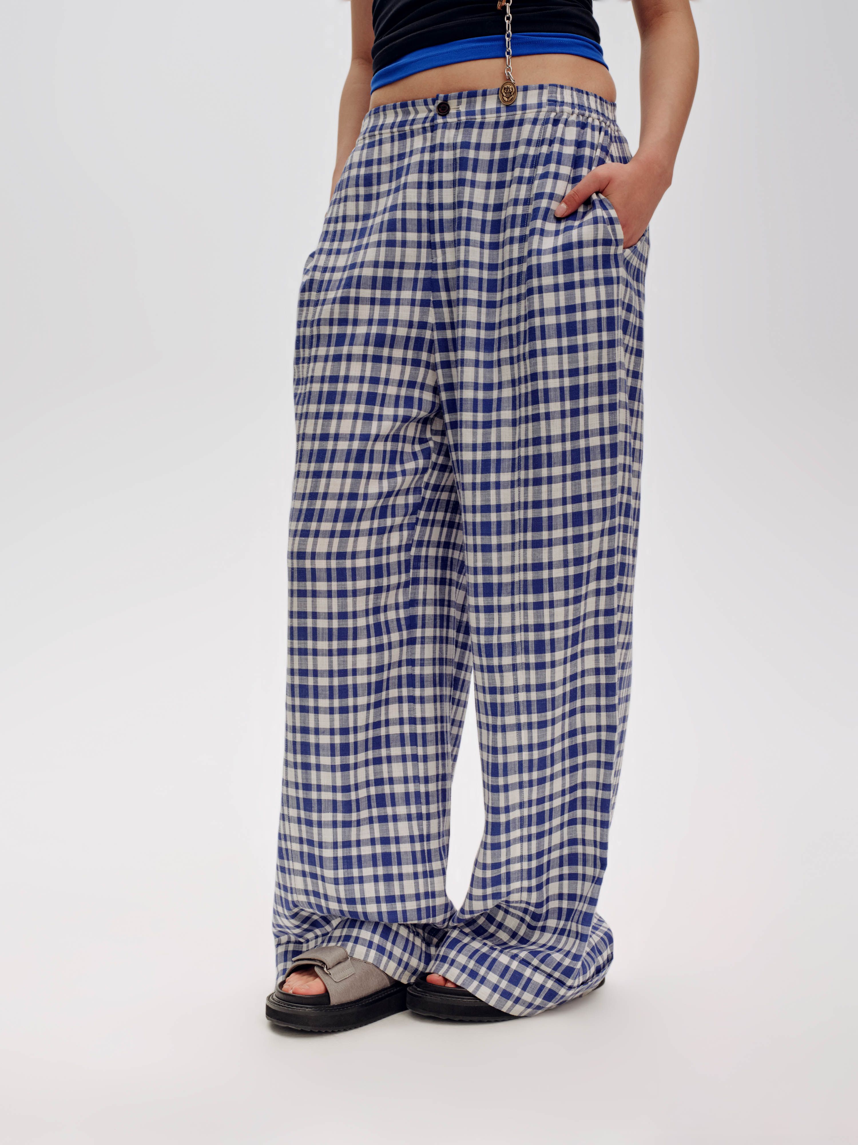 Blue & White Checkered Lounge Trousers | Short Sentence
