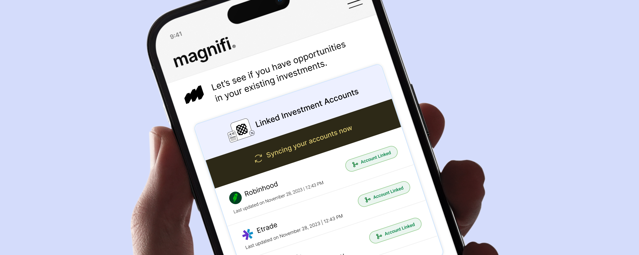 Magnifi app showing linked accounts.