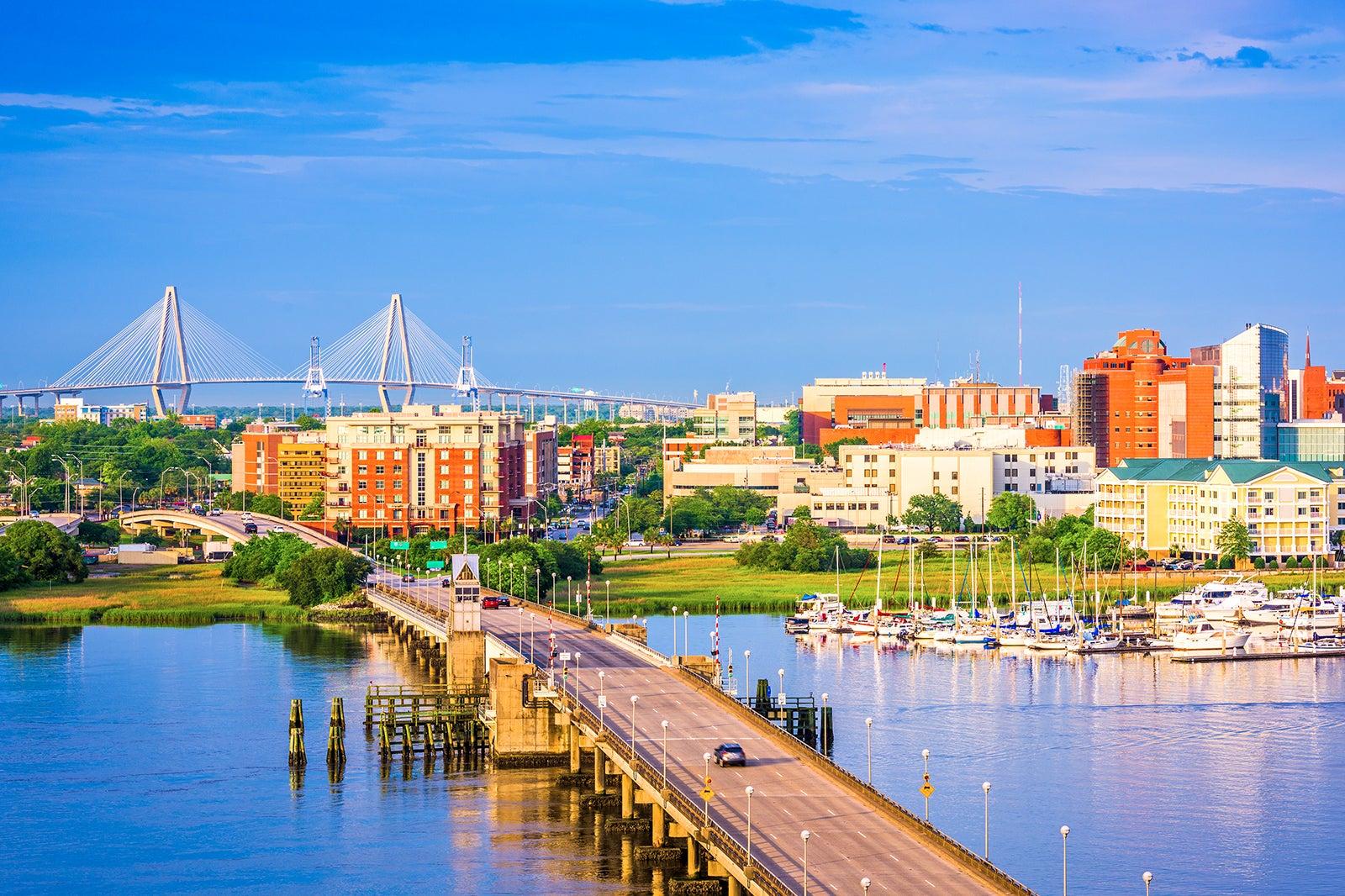 An aerial view of the Battery walkway along the water in Charleston.