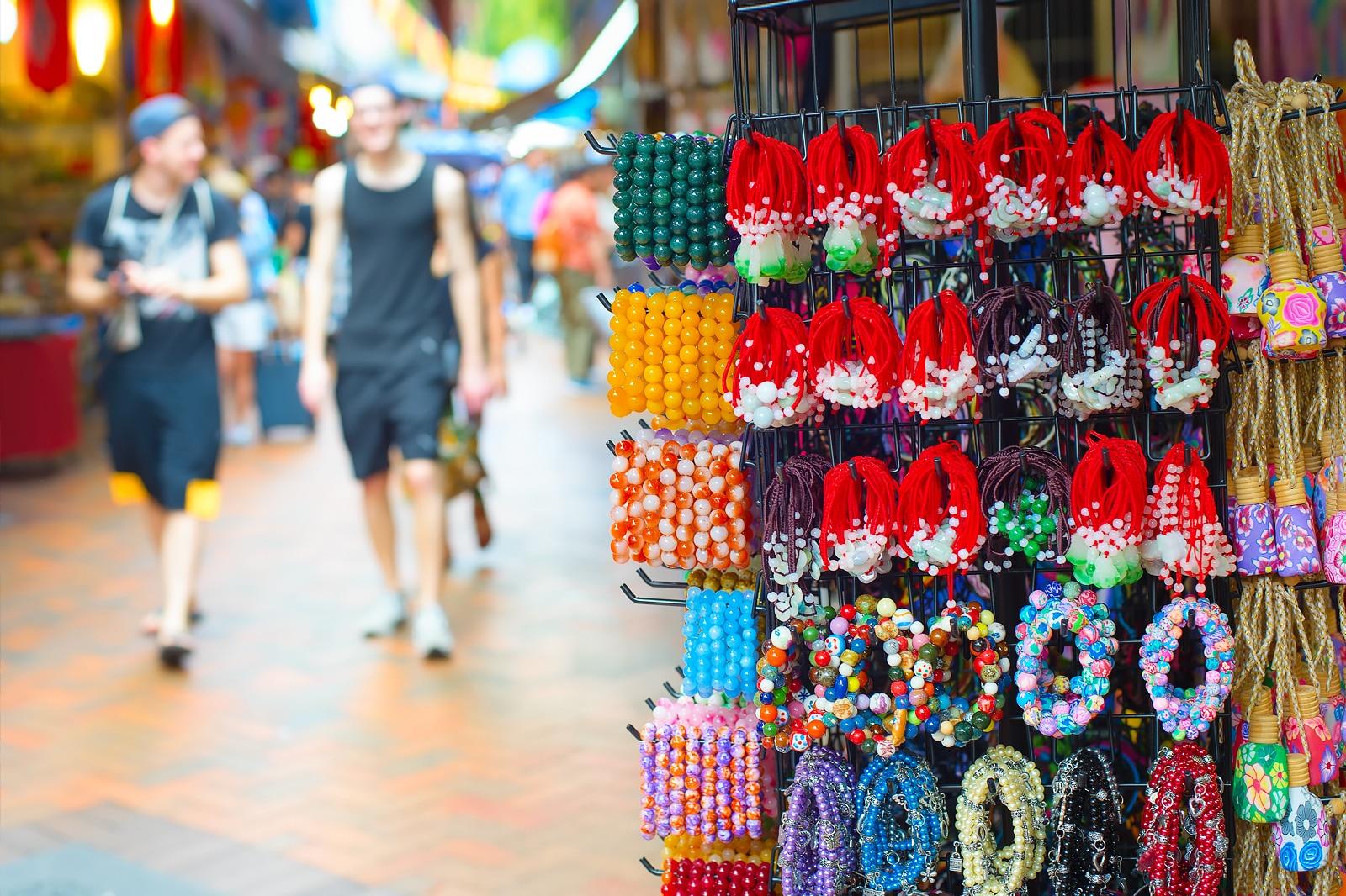 Colorful bracelets at a street shop.