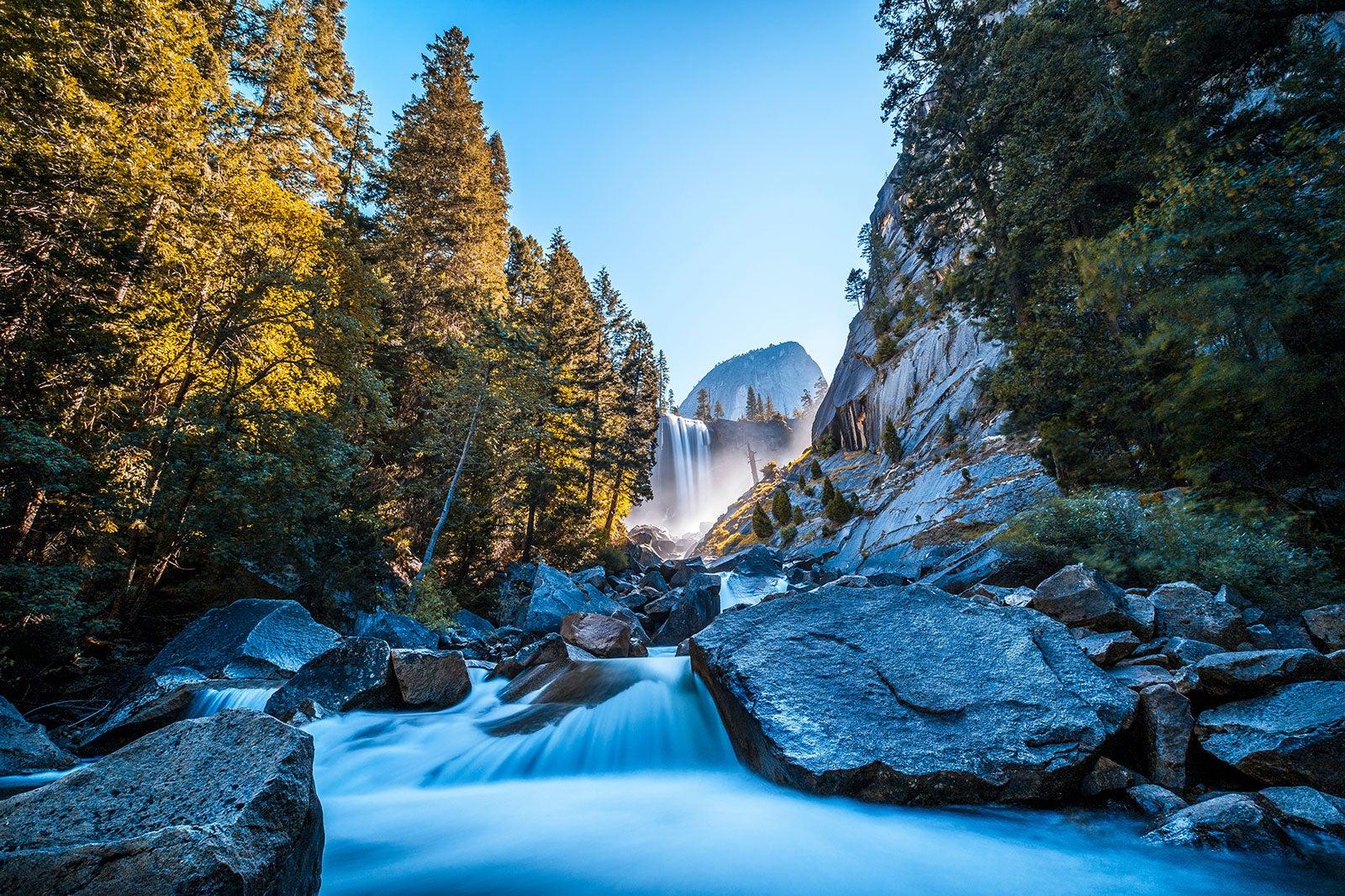 Rushing creek and waterfall view at Yosemite NP.