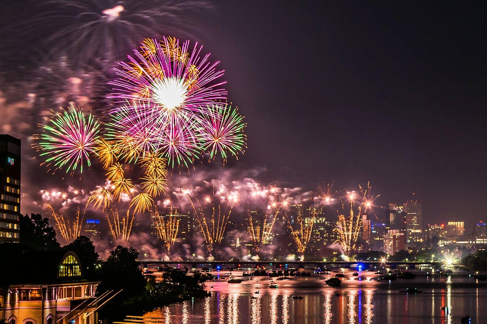Fireworks over the water.