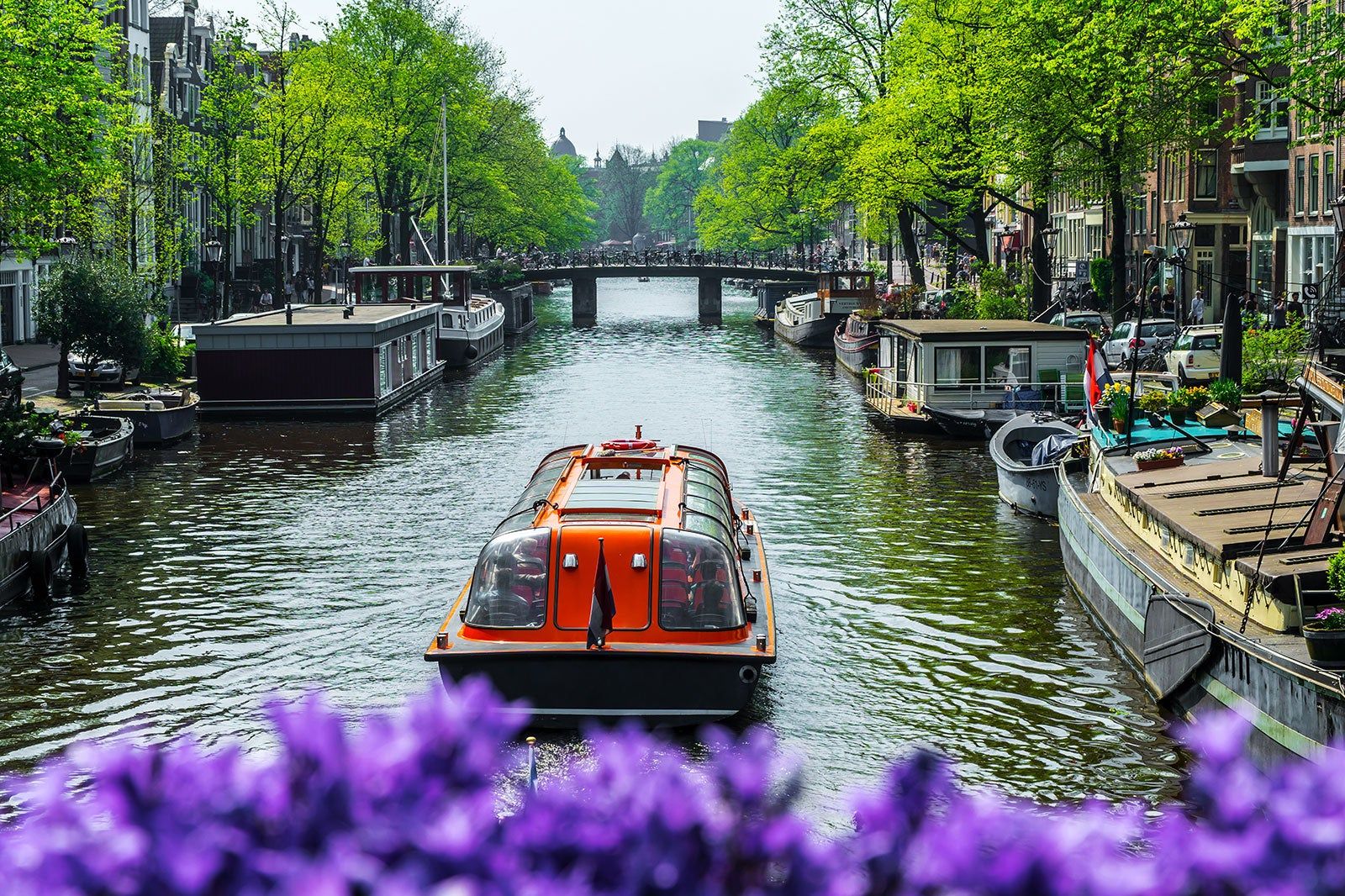 A tour boat floats on a canal.