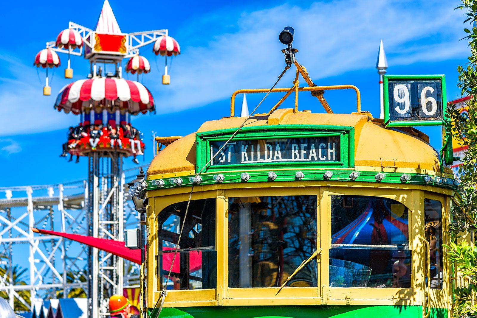 Traditional street car at St. Kilda Beach.