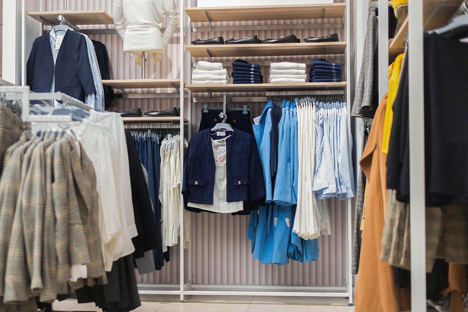 Row of clothes in a shop.