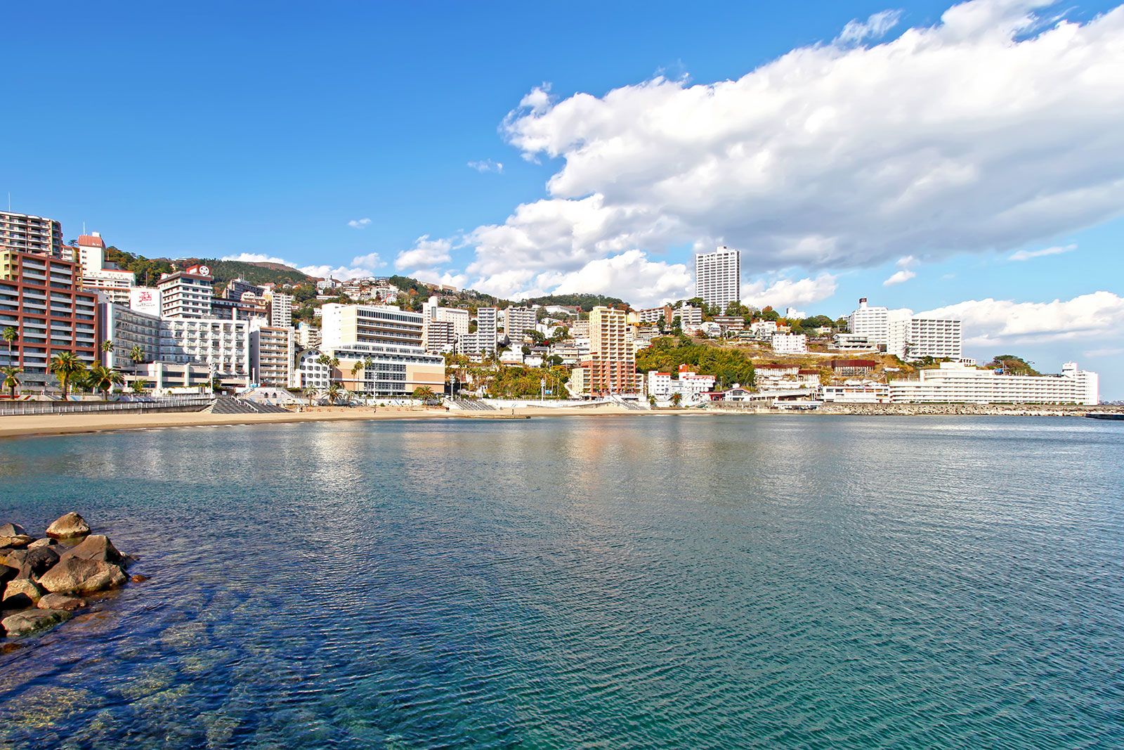 A beach town with a clear water sea.