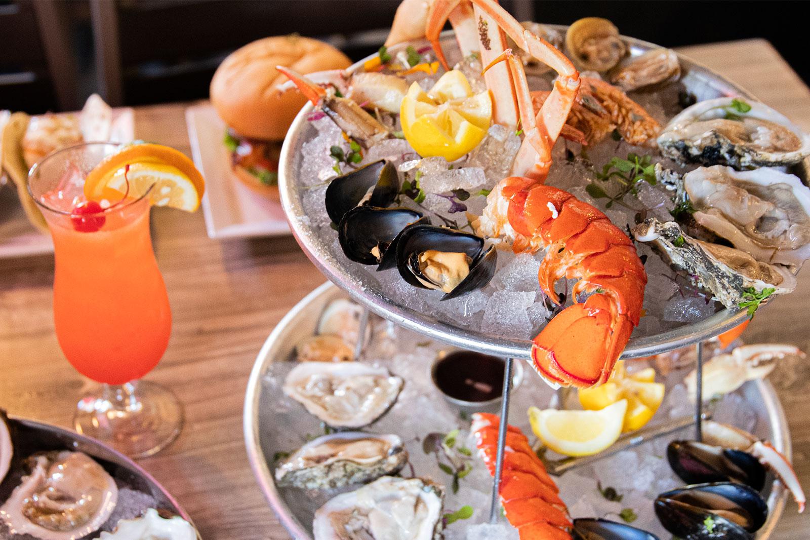 A dinner of seafood on a platter.