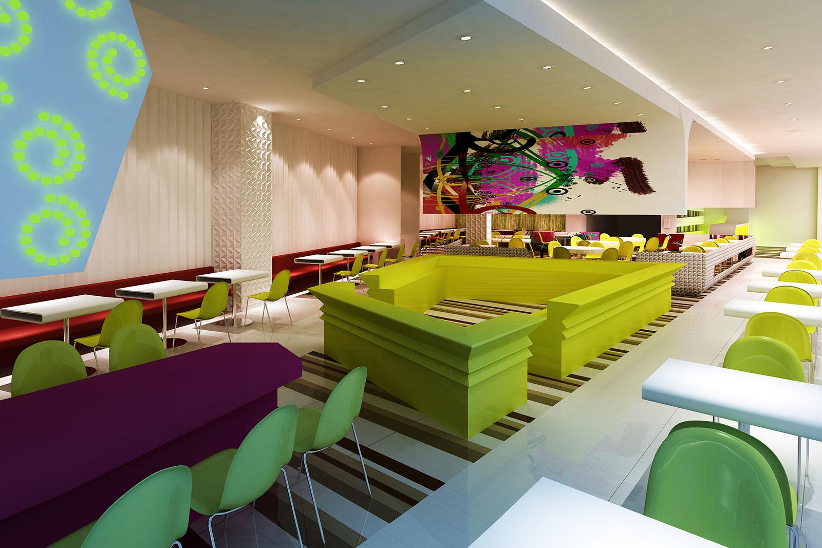 Inside of bright resturant.