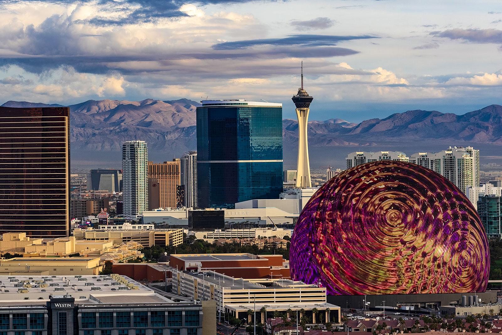Las Vegas Sphere and the city skyline.