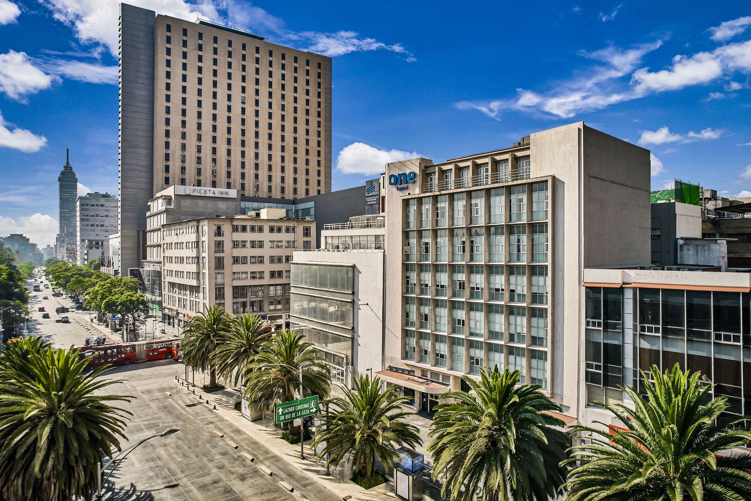 View from elevation of a boulevard lined with palm trees and multistorey buildings.