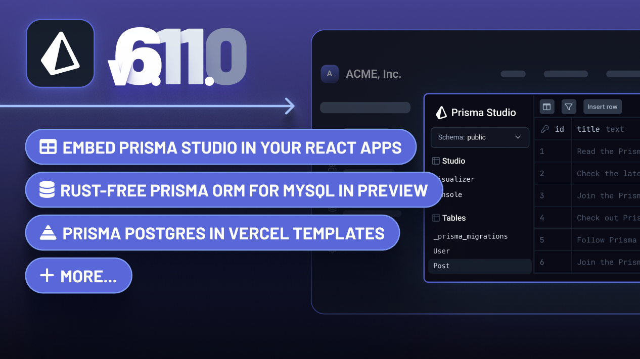 ORM v6.11.0, Embedded Prisma Studio, Rust-free ORM for MySQL in Preview ...
