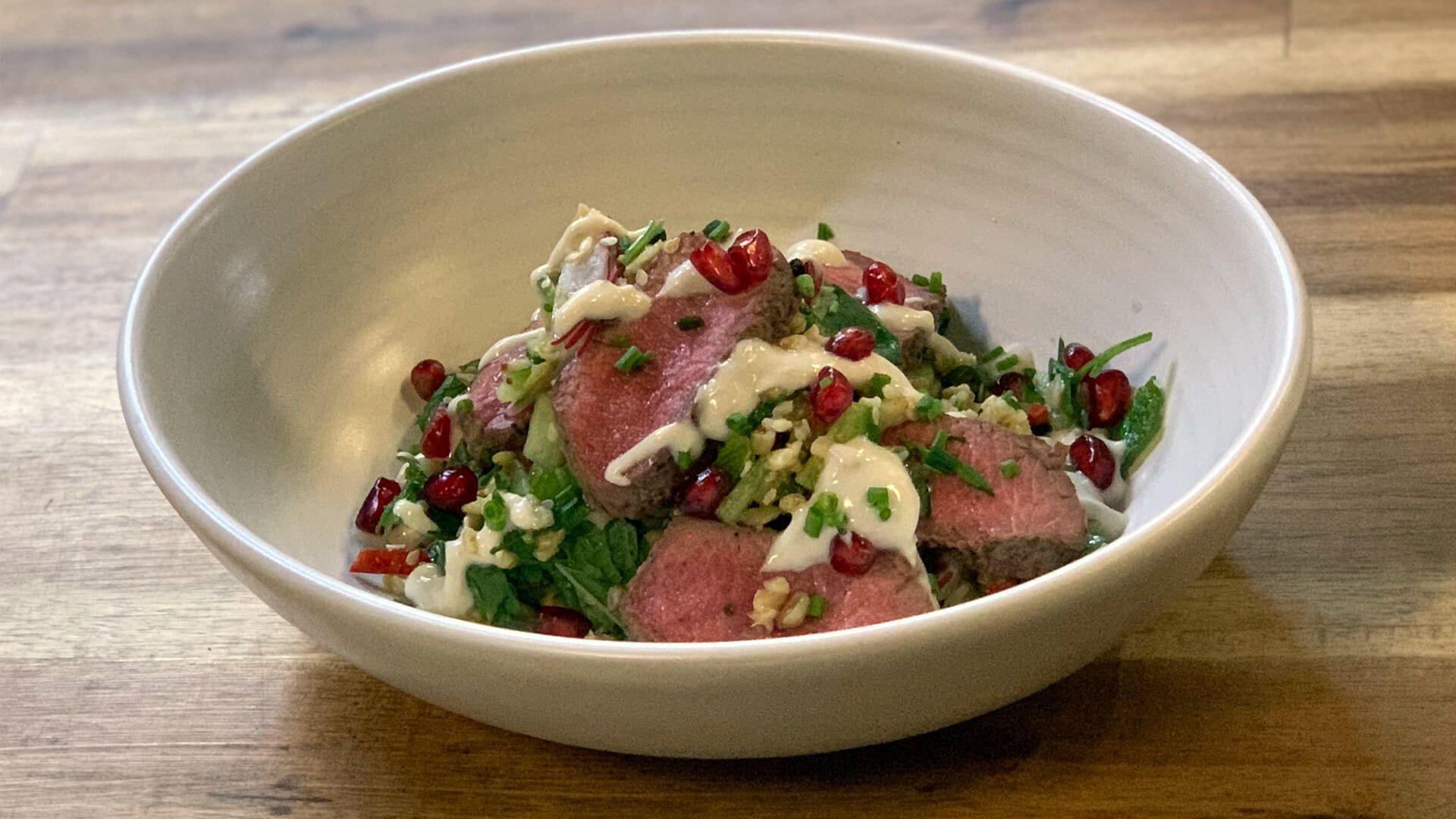 Lamb loin, cucumber and pomegranate freekeh salad Recipe | Beef + Lamb ...
