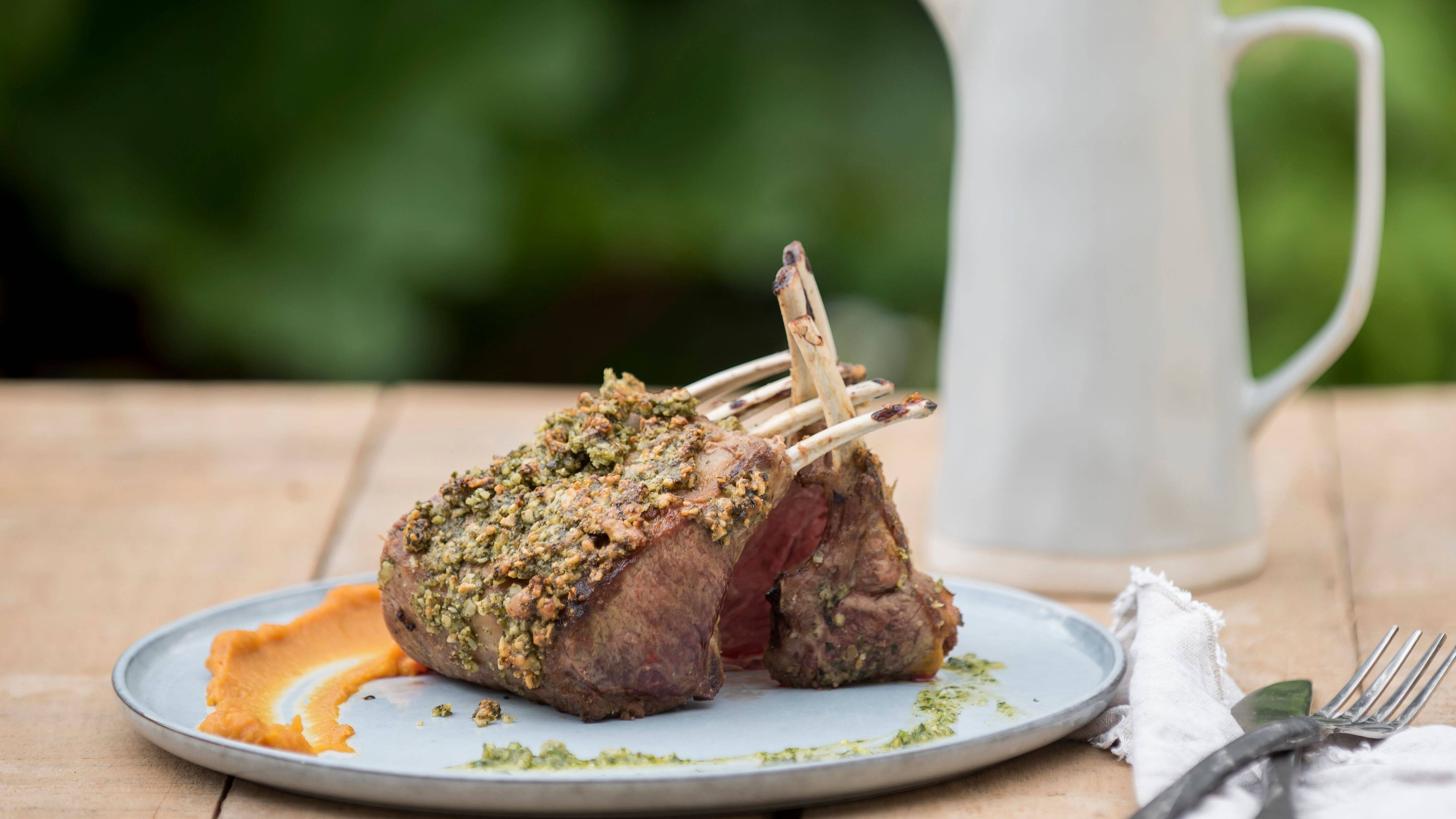 Lamb rack with mint pesto and kumara puree Recipe | Beef + Lamb New Zealand
