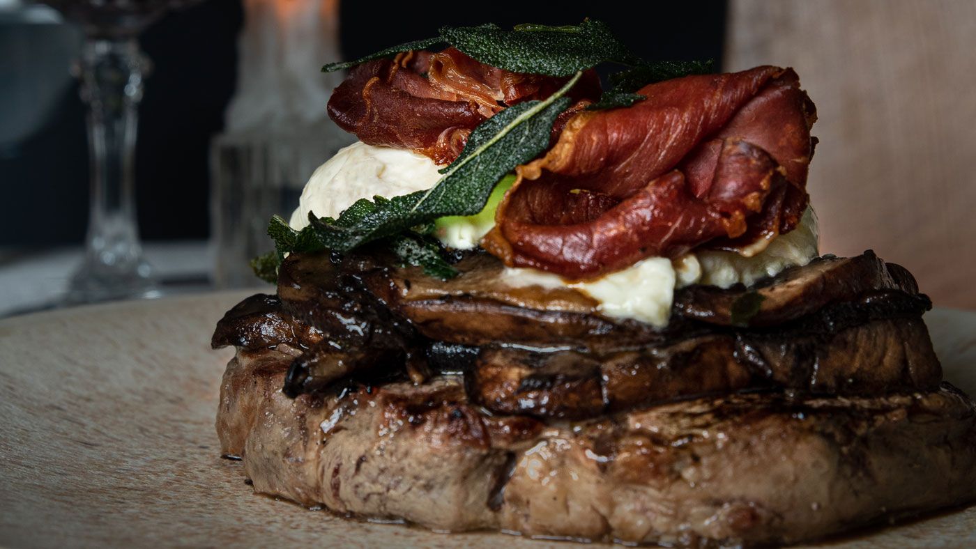 Scotch steaks with burrata, mushrooms and crispy pancetta Recipe | Beef ...