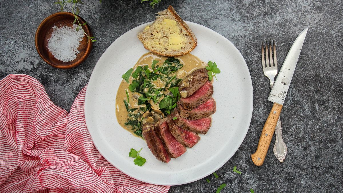 Beef Eye Fillet Steaks in Spinach & Mushroom Sauce Recipe | Beef + Lamb ...