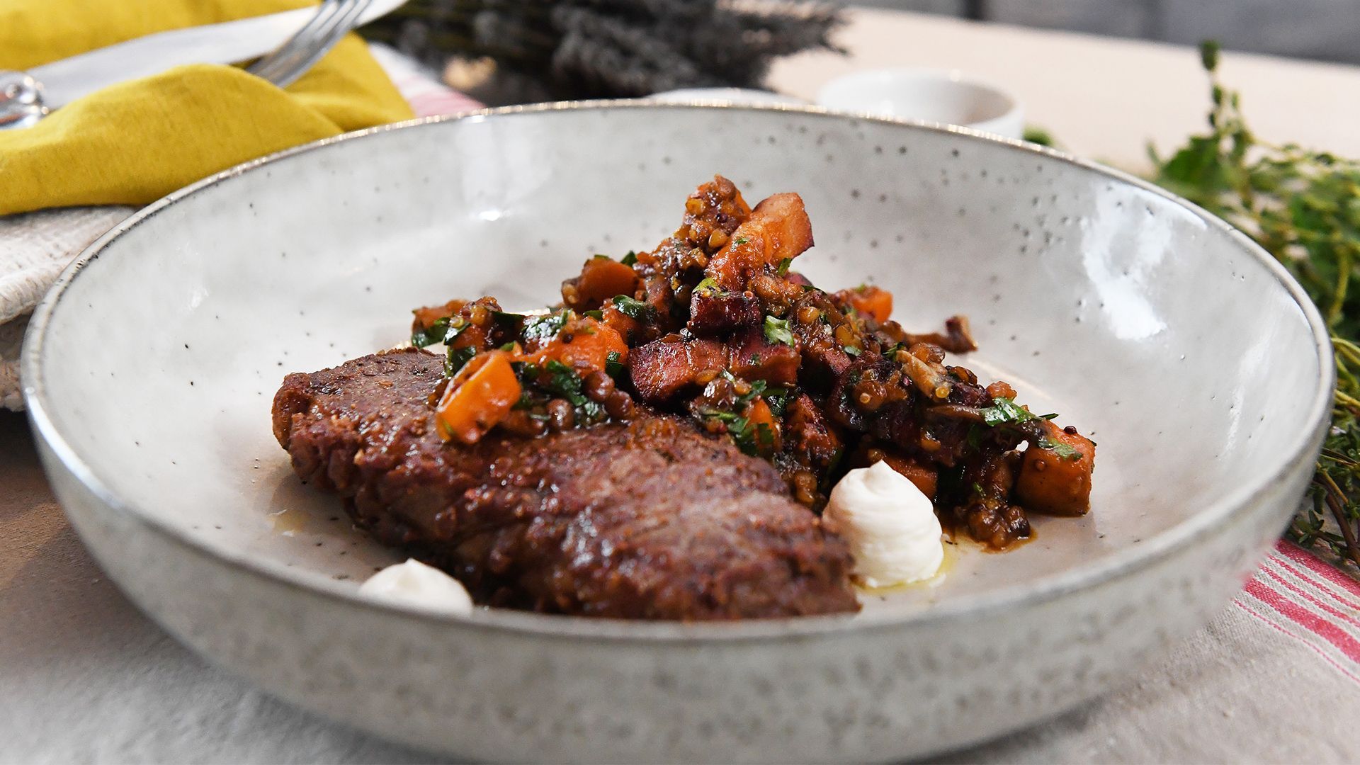 Sirloin steak with puy lentil and puffed barley risotto Recipe | Beef ...