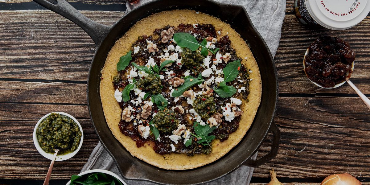 Socca Pizza with Feta and Pesto Recipe | Anathoth Farm
