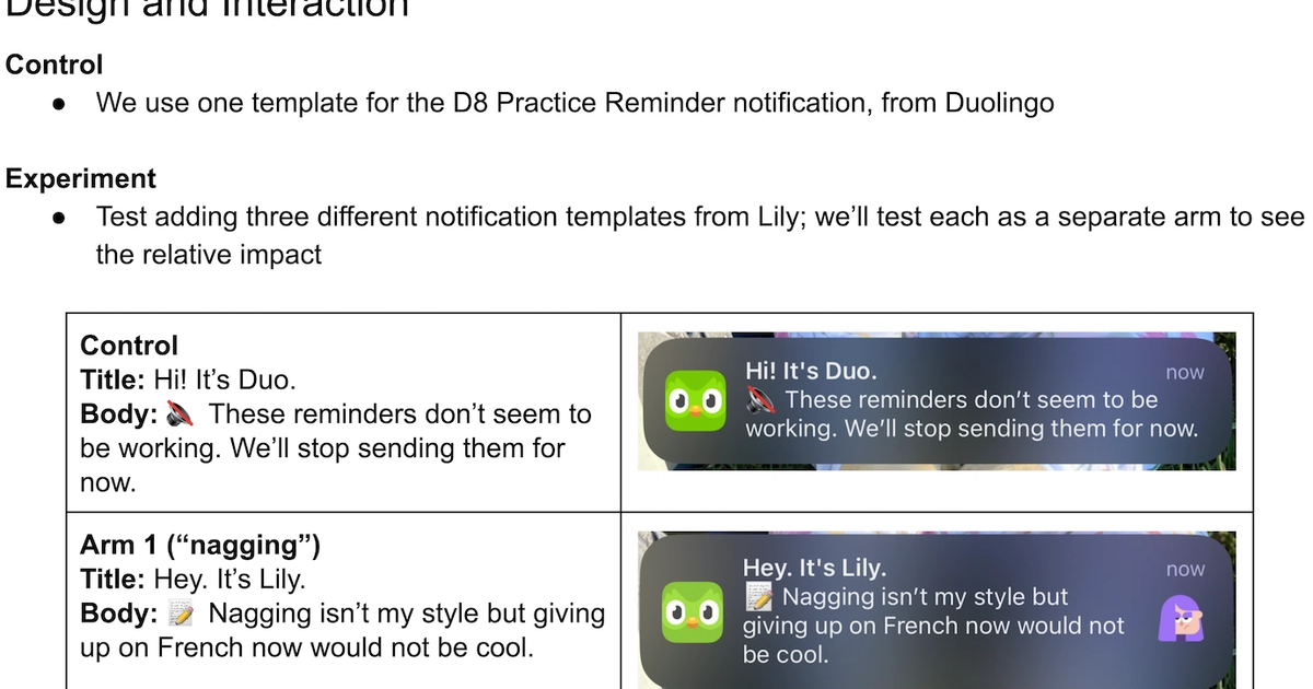 Product Spec for Notifications Experiment at Duolingo
