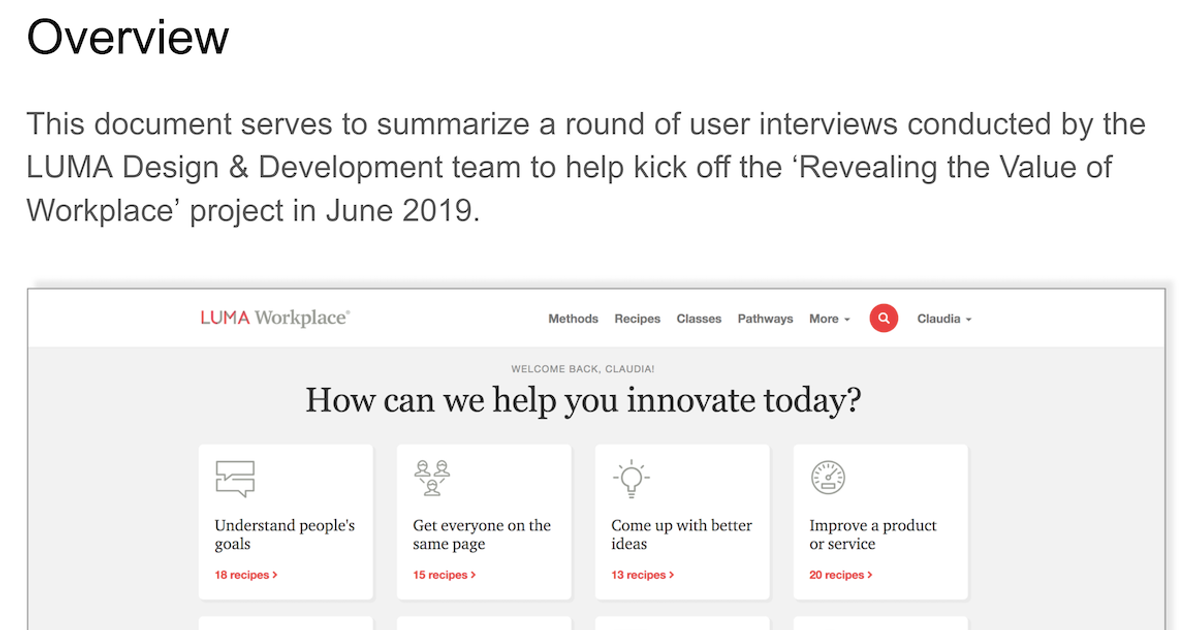 User research insights presentation at LUMA