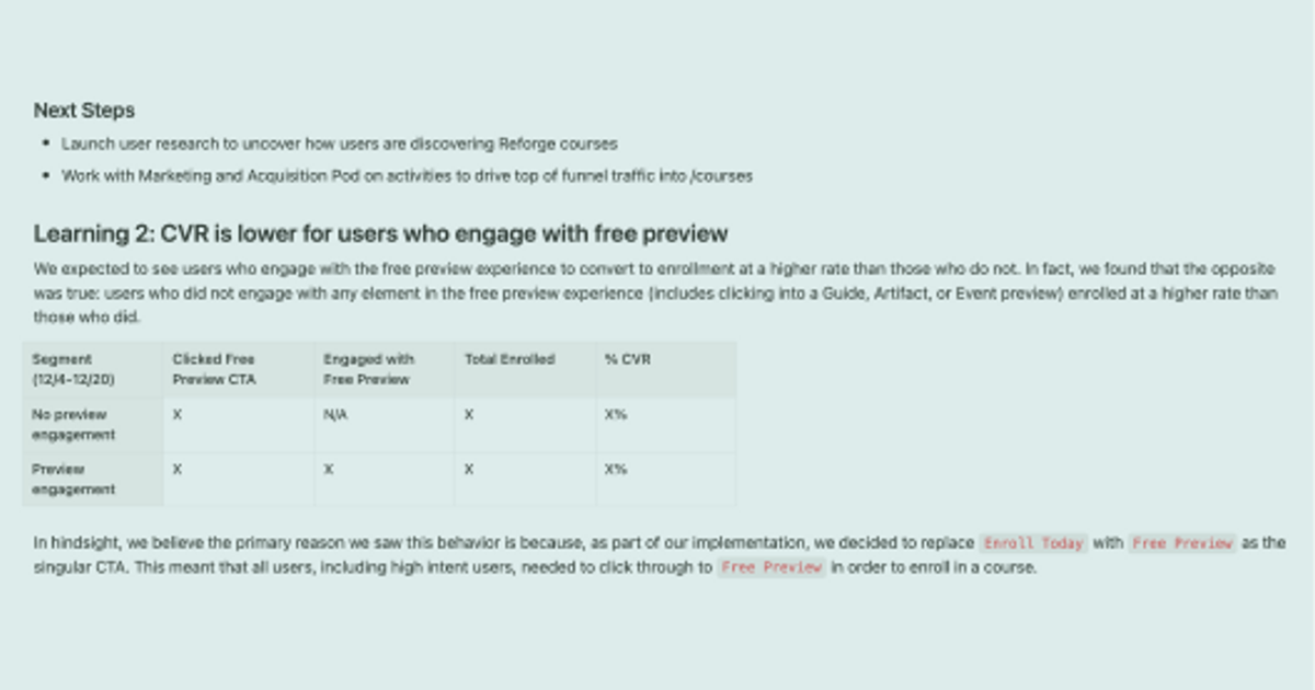 Course previews results review at Reforge