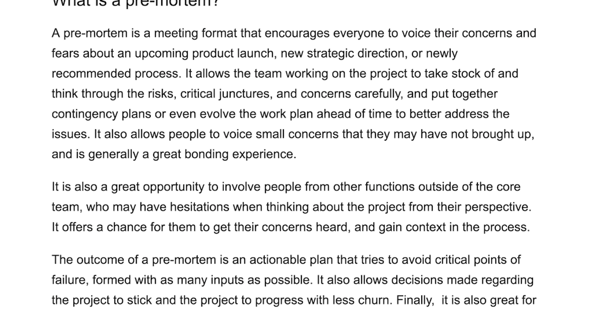 Pre-mortem creation guide at Meta