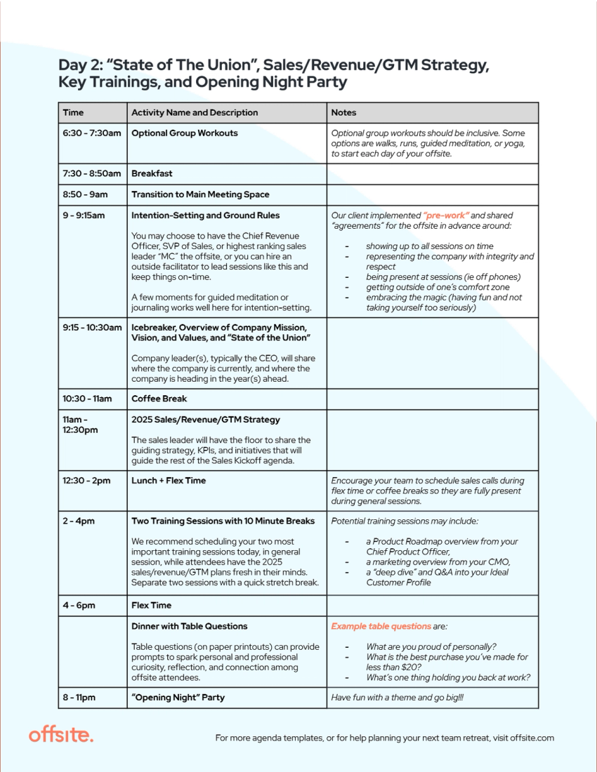Sales Kickoff (SKO) agenda template at Offsite.com