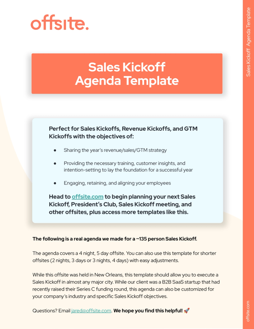Sales Kickoff (SKO) agenda template at Offsite.com