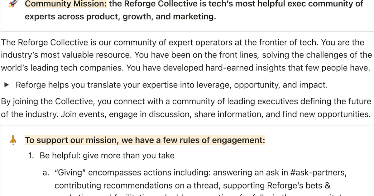 Community mission and rules of engagement at Reforge