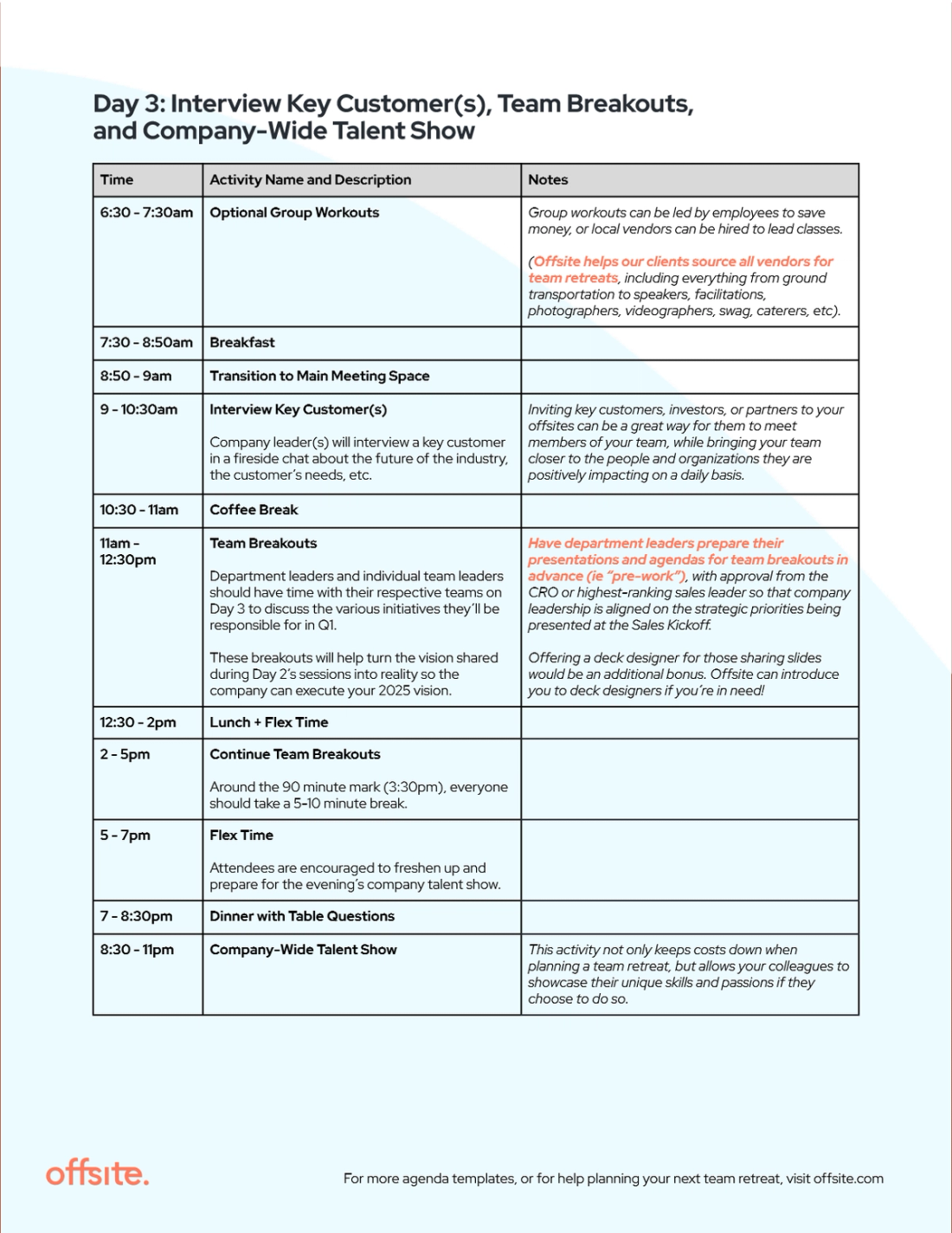 Sales Kickoff (SKO) agenda template at Offsite.com