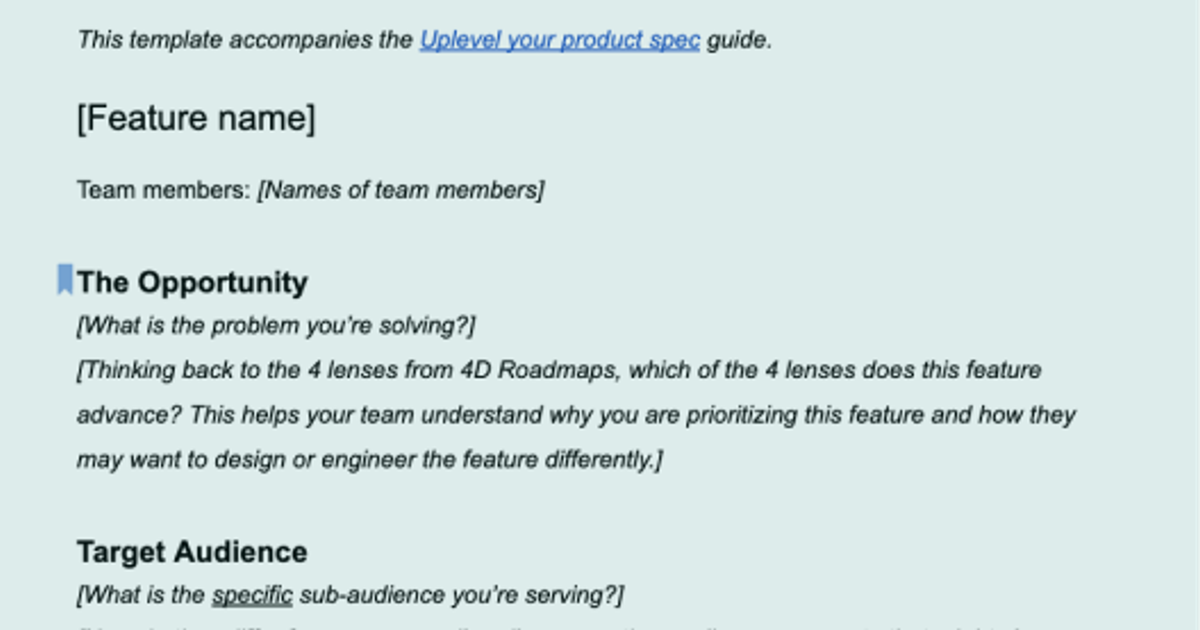 Product spec template by Reforge